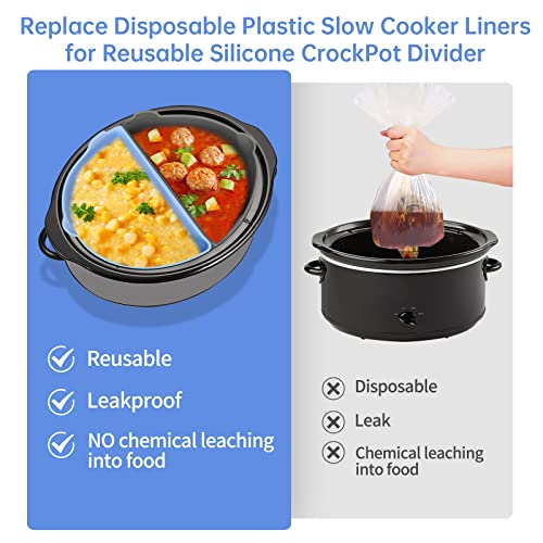 TUSEASY Slow Cooker Liners Compatible for Crock Pot 6-7 Quart Oval Slow Cooker, Silicone CrockPot Divider Insert Reusable, Leak Proof, BPA Free, Dishwasher Safe, Non-Stick (Grey+Blue)