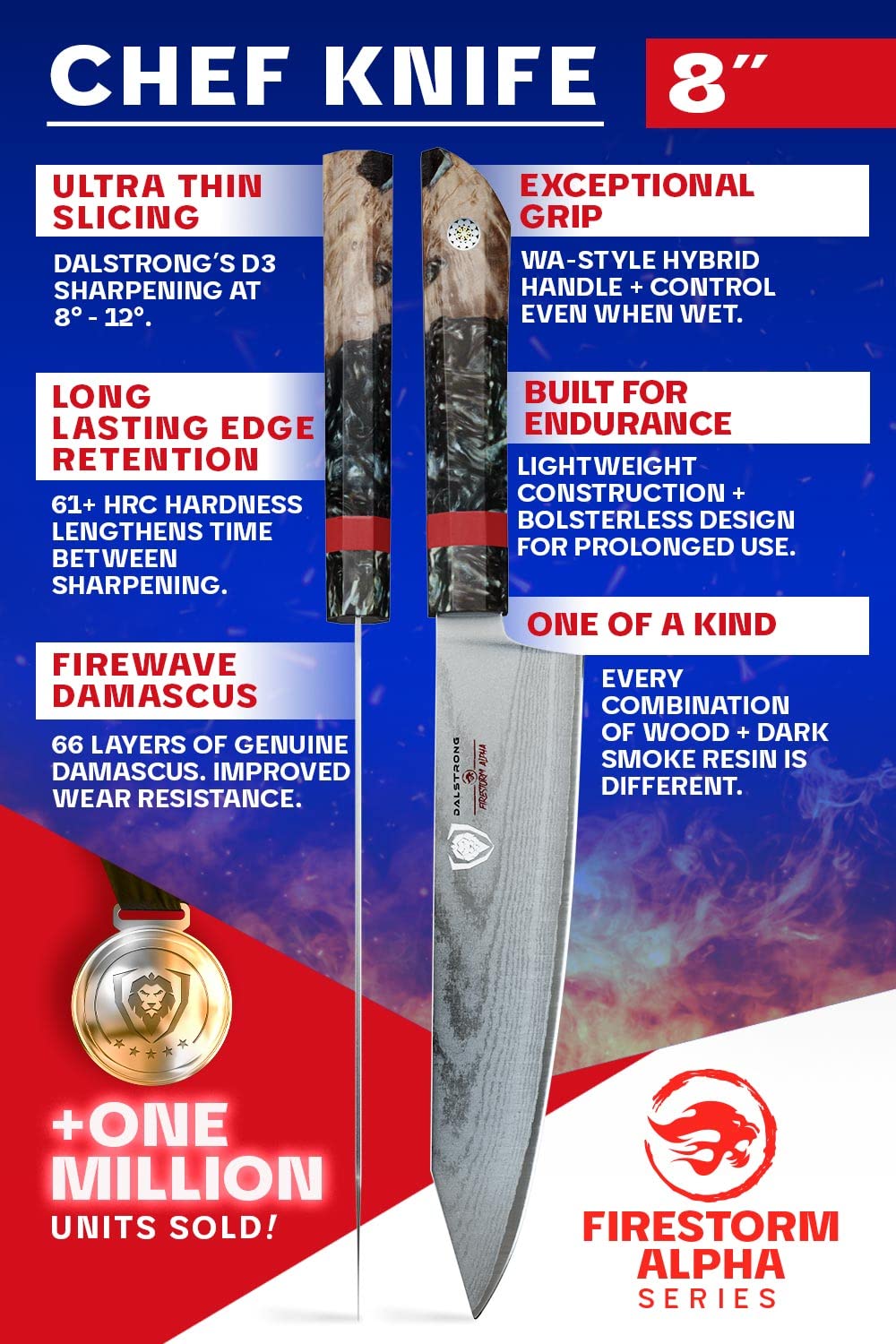 Dalstrong Chef Knife - 8 inch - Firestorm Alpha Series - Premium 10Cr15CoMoV High-Carbon Steel - Traditional Japanese Wa Stabilized Wood & Resin Handle - Kitchen Knife - Chef's Knife - w/Sheath