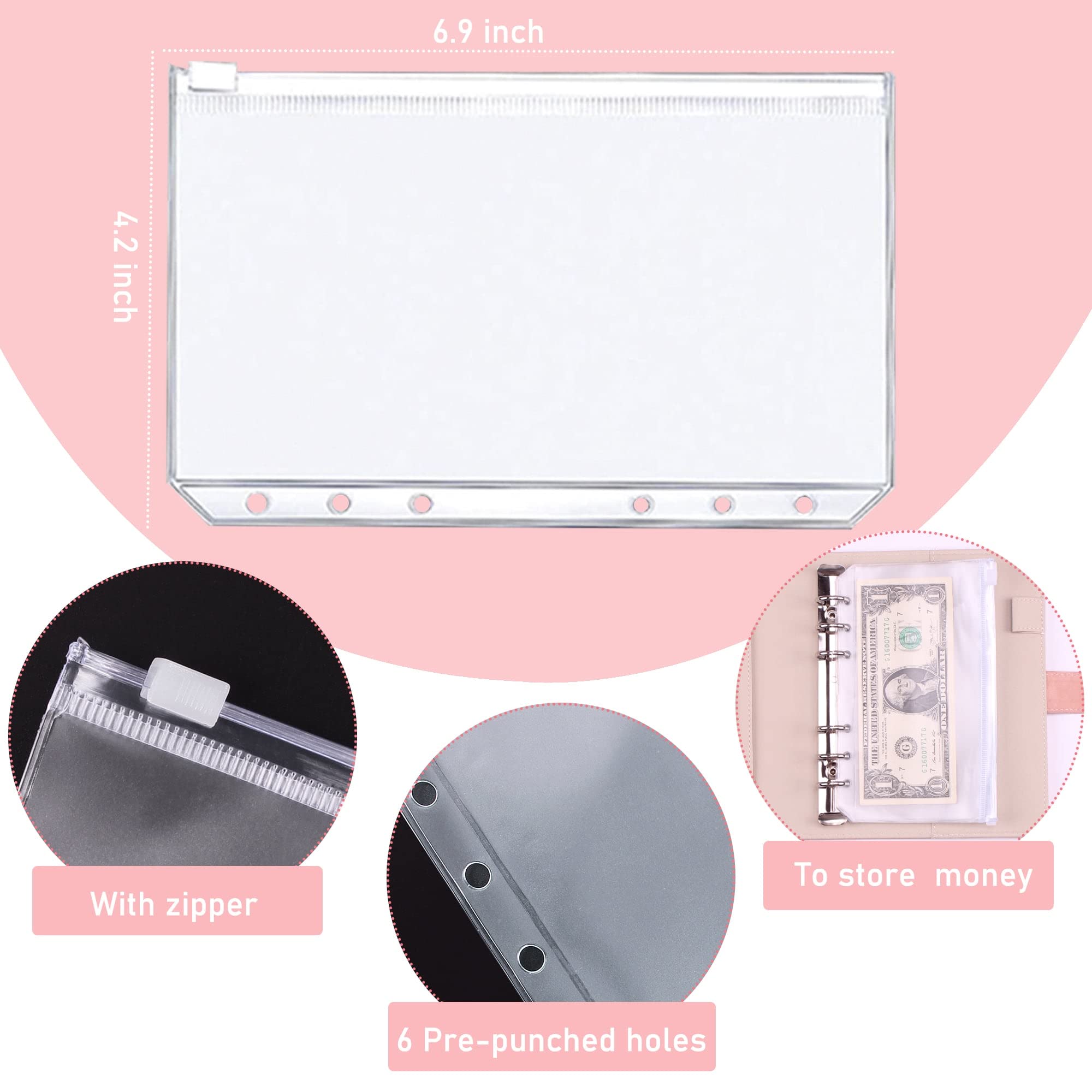 Budget Binder with Cash Envelopes for Budgeting, PU Leather Money Organizer Binder, 6 Ring Cash Binder with 12PCS Clear Zipper Envelopes, 12PCS Budget Sheets, 21PCS Color Labels, A6, Pink