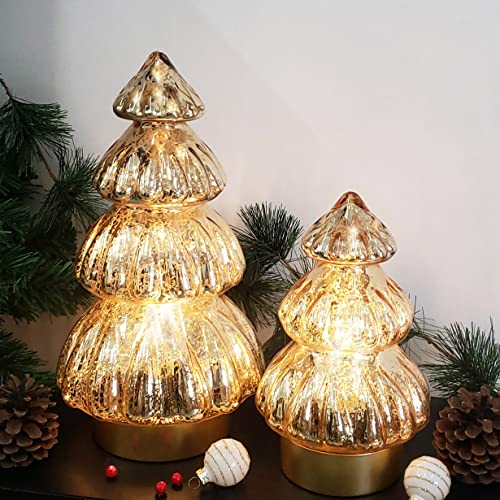 Battery-Operated Mercury Glass Christmas Tree Set, 2 Sizes: D6.1''x11.2''H and D4.9''x7.5''H