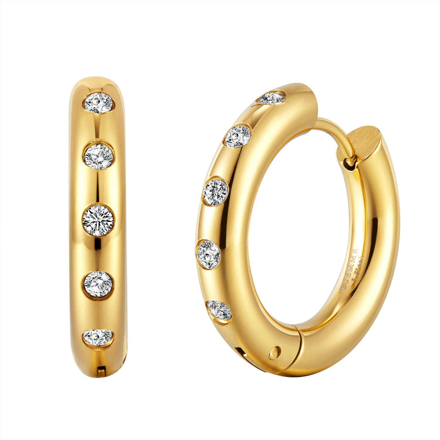 BUEMMR 14K Gold Plated Cubic Zirconia Chunky Hoop Earrings for Women, Simulated Diamond