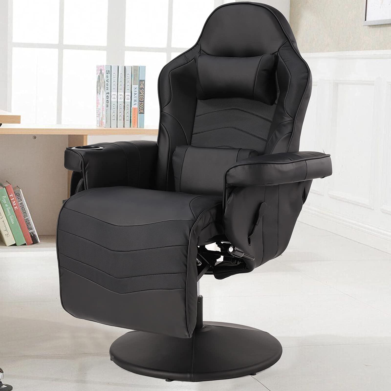 TITIMO Massage Gaming Chair,Ergonomic Adjusted Reclining Video Gaming Single Sofa, Pu Leather Chair with Footrest Headrest and Lumbar Support (Black)