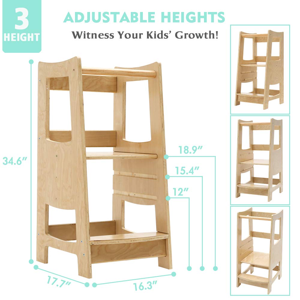EGREE Toddlers Kitchen Step Stool with Safety Rail Kids Wooden Standing Tower for Kitchen Counter and Bathroom Sink, 3 Heights Adjustable Step Up Stool Mothers' Helper, Solid Wood Construction, White