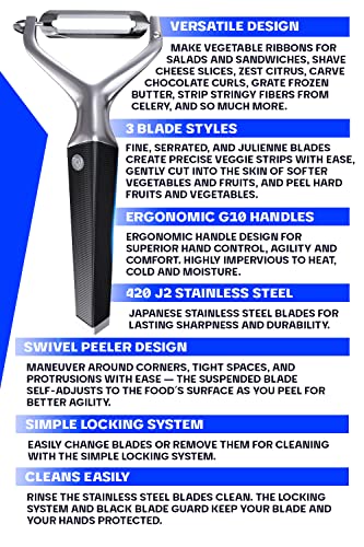 Dalstrong Razor VX - Y Peeler - High Carbon Stainless Steel - Non Slip G10 Handle - Fine, Serrated & Julienne Blades Set - Premium Vegetable, Fruit, Potato Peeler for Kitchen