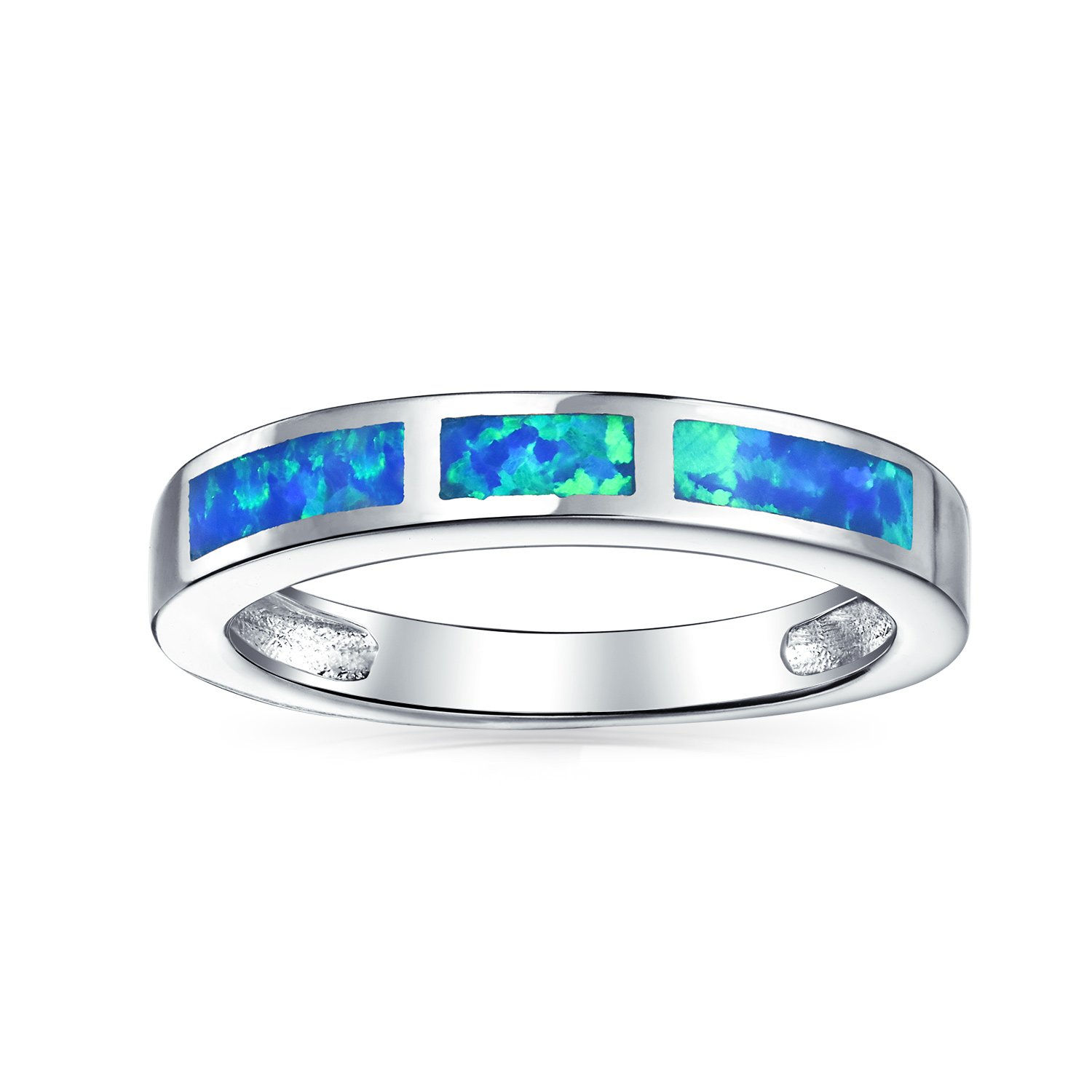 Blue Created Opal Inlay Pave Cubic Zirconia Solitaire Ring For Women .925 Sterling Silver October Birthstone
