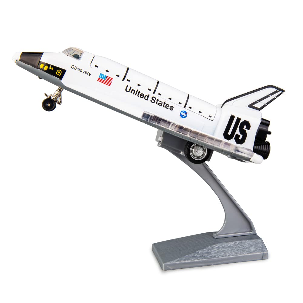 TGRCM-CZ 8'' Space Shuttle,US Discovery Airplane Toys, Alloy Pull Back Aircraft Model with Base LED Light and Sound, Display Plane for Boys Girls Adults Outdoor Games and Decoration, White