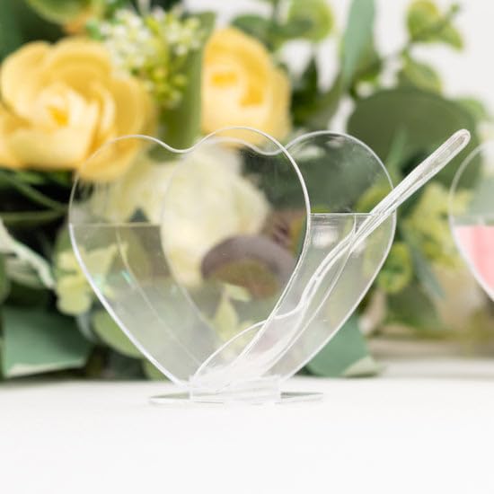 Efavormart 24 Pack | 2oz Mini Clear Plastic Heart-Shaped Dessert Parfait Cups with Spoons, Disposable or Reusable Pudding Snack Bowl Sets