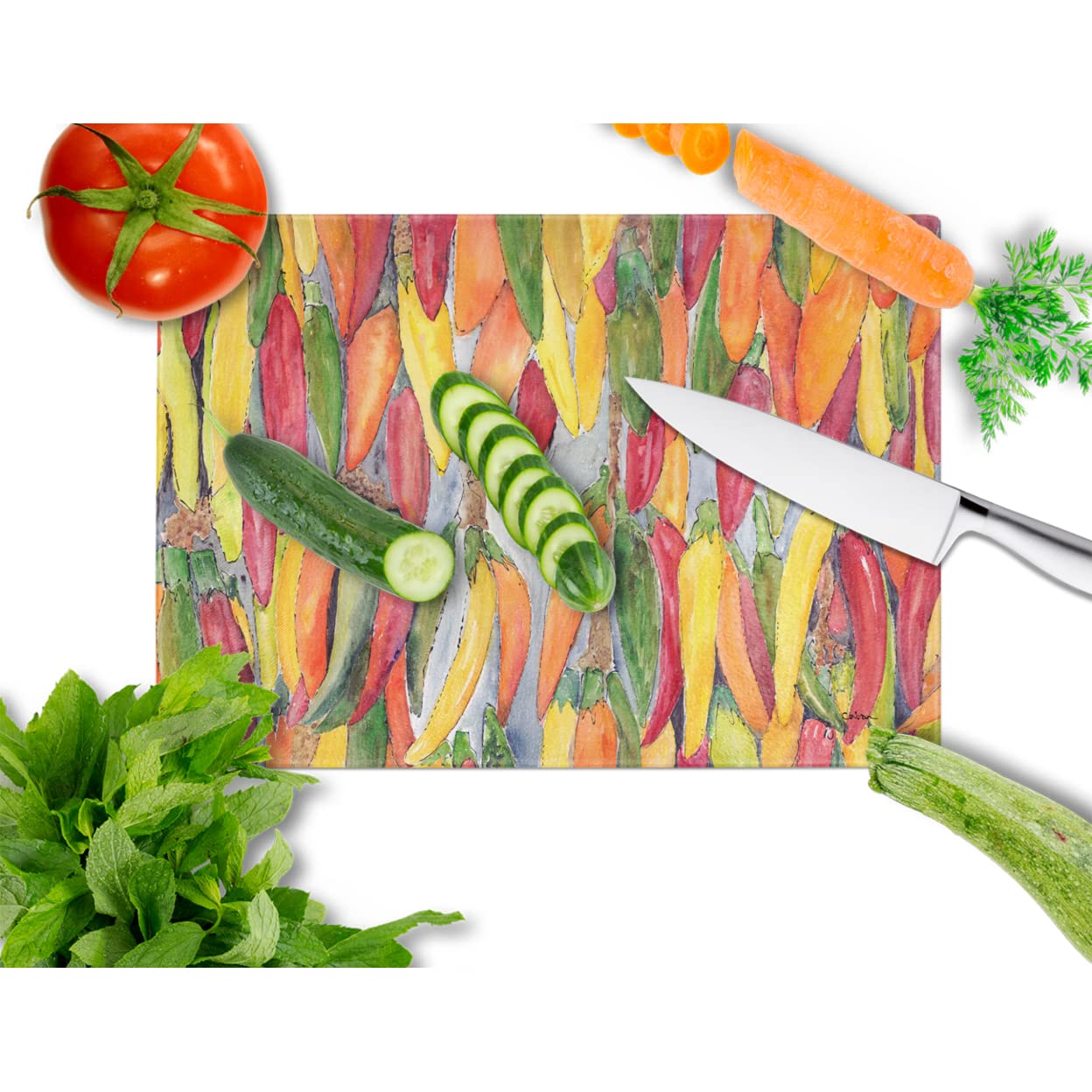 Caroline's Treasures 8893LCB Hot Peppers Glass Cutting Board Large Decorative Tempered Glass Kitchen Cutting and Serving Board Large Size Chopping Board
