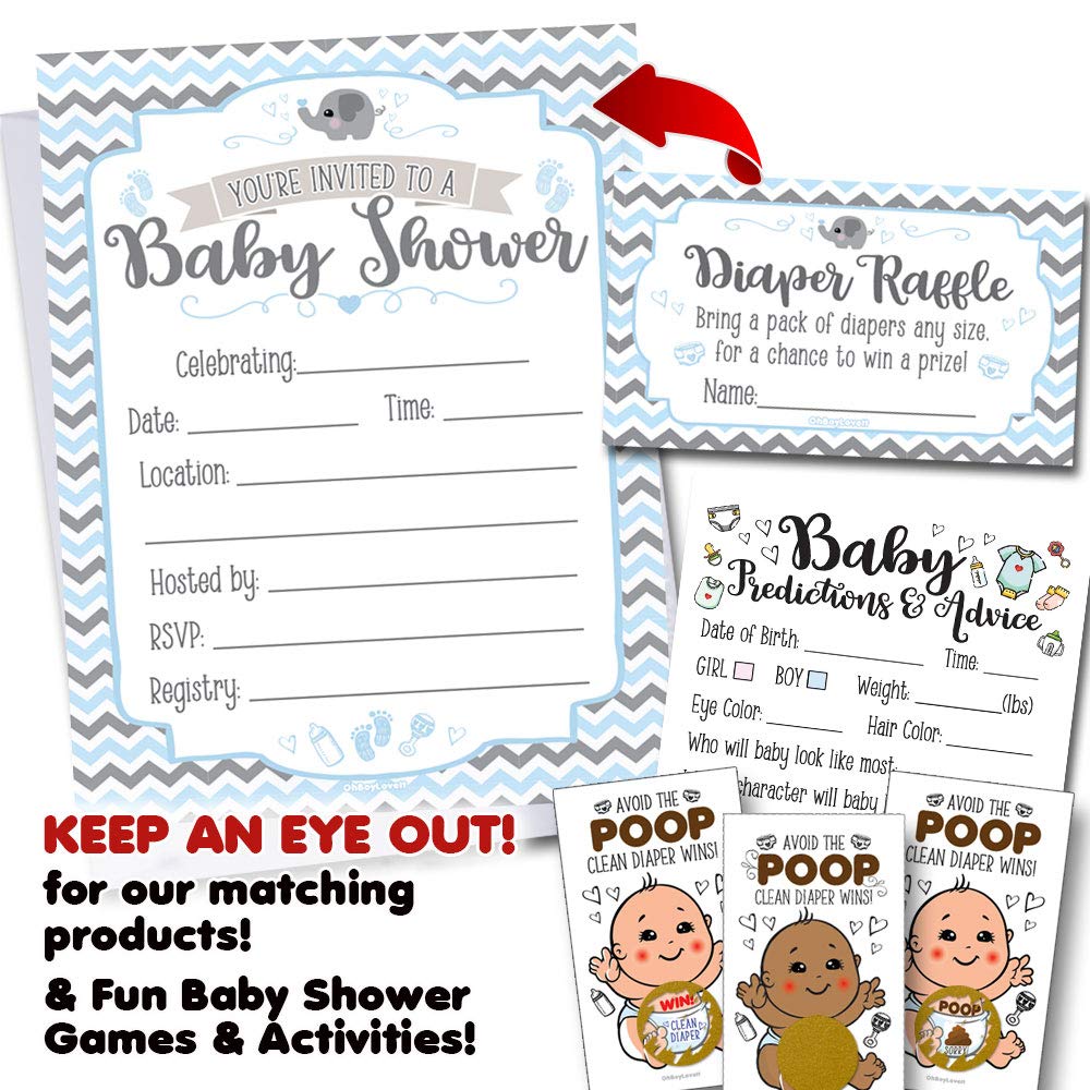 Blue Elephant Baby Shower Invitations with Envelopes 25 Pack | Blue Grey Chevron | Fill in Style | Baby Boy