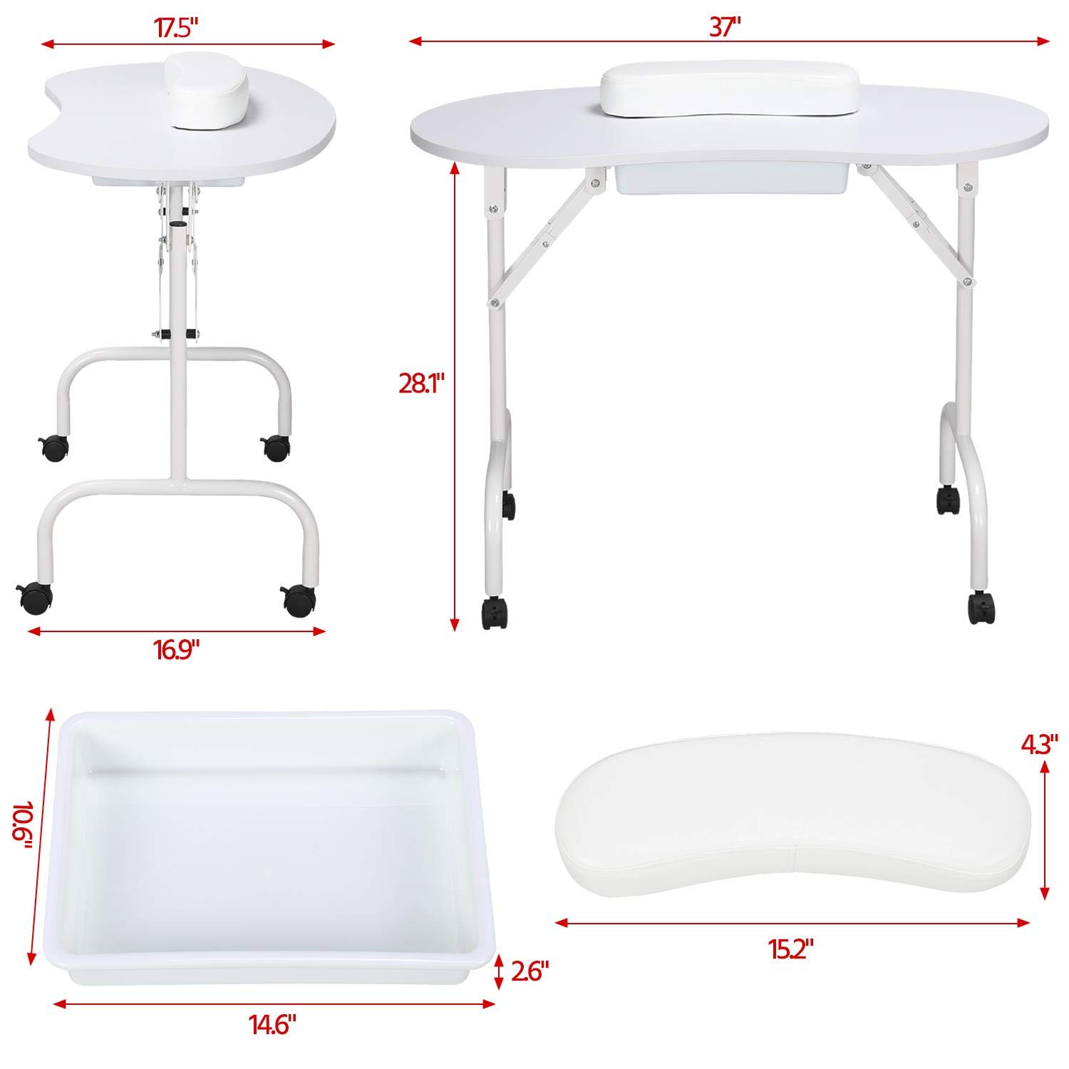 Yaheetech 37-inch Portable & Foldable Manicure Table Nail Desk Workstation with Large Drawer/Client Wrist Pad/Controllable Wheels/Carrying Case for Spa Beauty Salon White, 1 Count (Pack of 1)