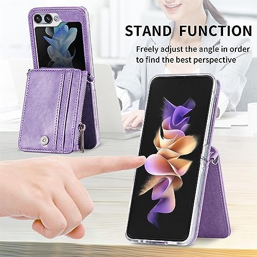 protective filp case 2 in 1 Detachable Wallet Case Compatible with Samsung Galaxy Z Flip 5 Case with Card Holder, Galaxy Z Flip 5 Case with Detachable Strap Crossbody Zipper Pocket Kickstand for Women