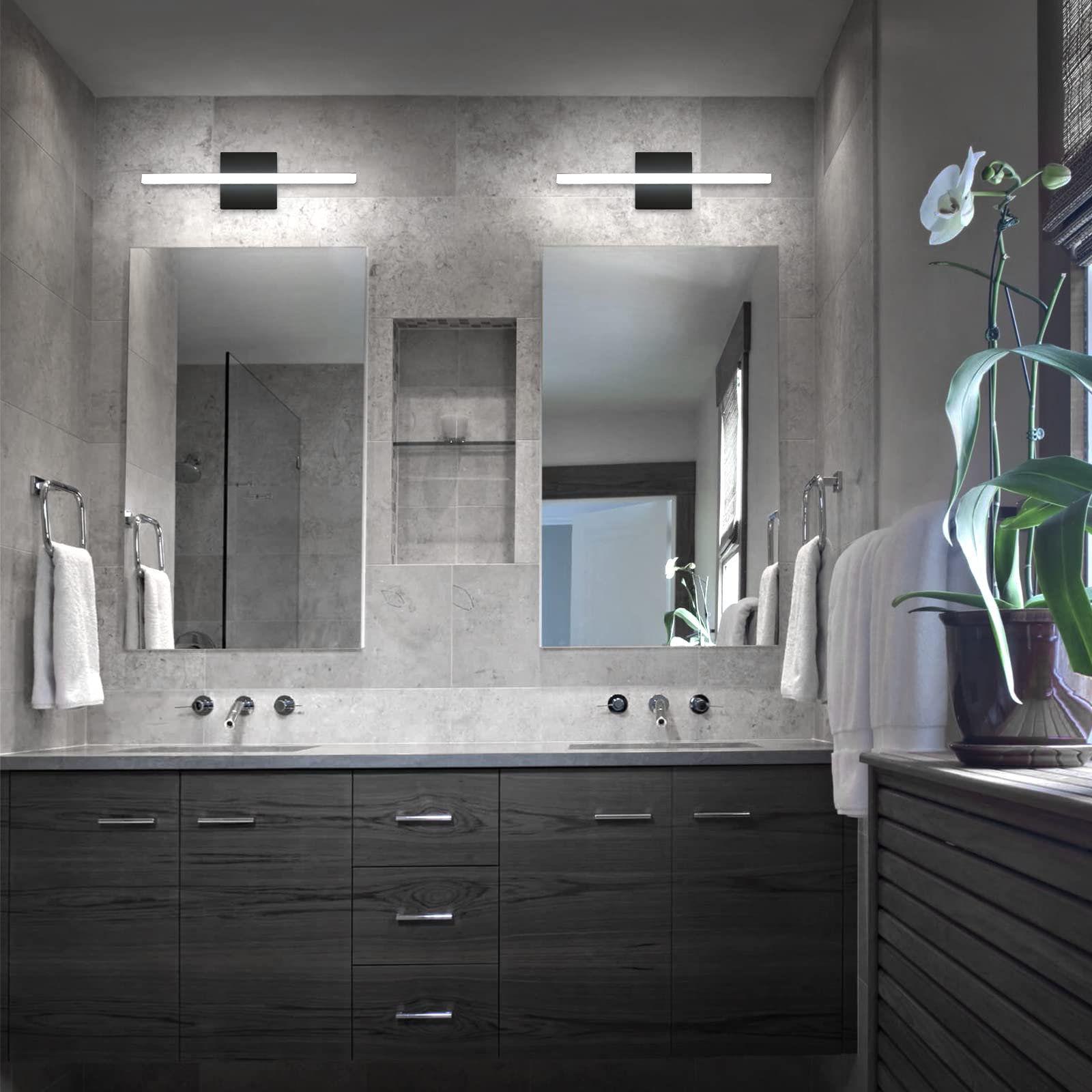 Combuh LED Bathroom Vanity Light Bar Dimmable IP44 Over Mirror Lighting Fixture 16Inch Wall Sconces Indoor 9W Modern Cool White 6000K Black