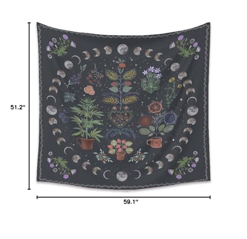PATCHWORK Botanical Moon Phase Tapestry, Moonlit Garden Wall Hanging Nature Floral Plant Tapestries Mysterious Tapestry Gift Art Home Bedroom Decor Living Room (51.2 inch x 59.1 )