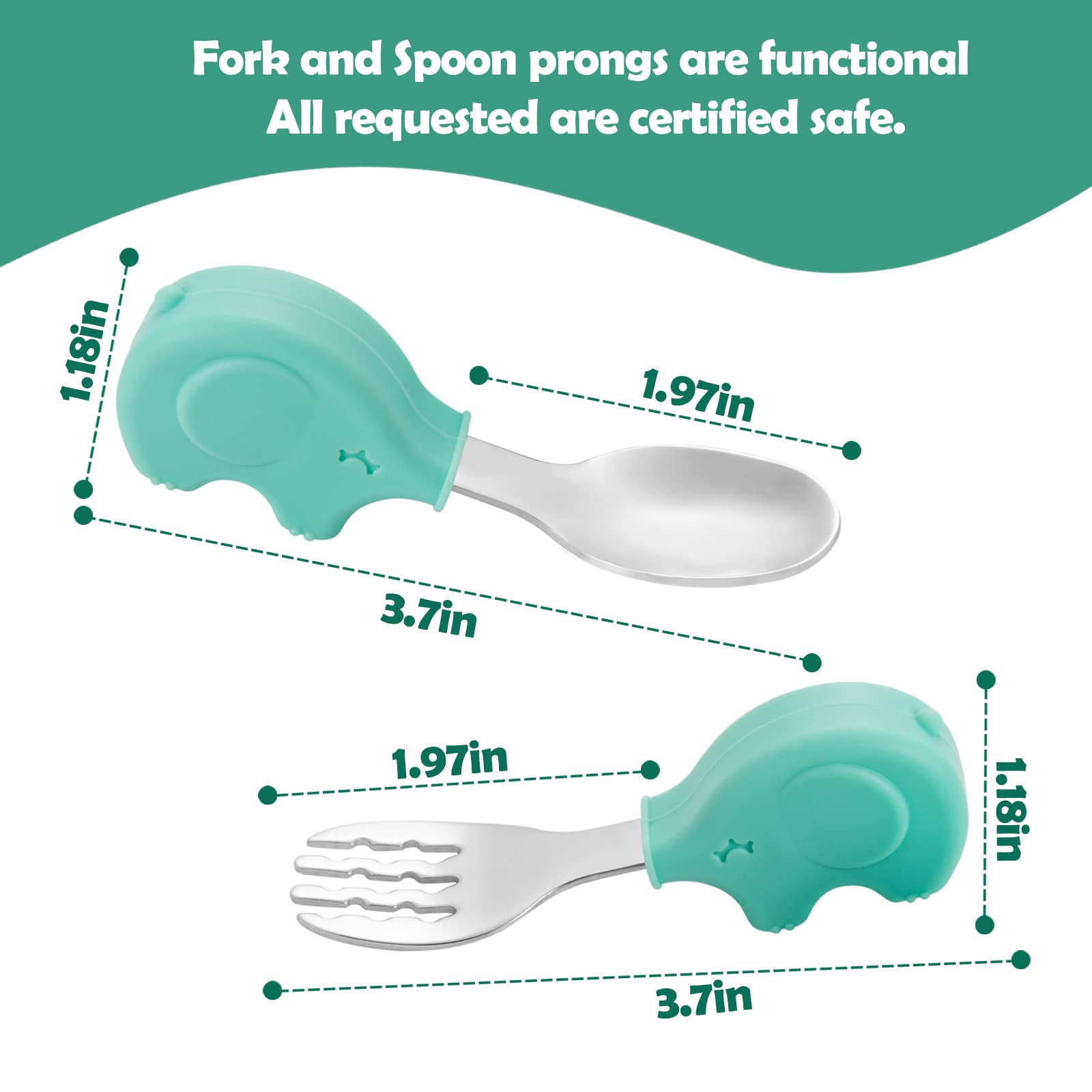 HIWOOD Baby Spoon and Fork Training Set with Travel Case, Toddler Utensils Silverware Set, 316 Stainless Steel and Silicone Flatware set for kids Self Feeding(Cow, Green)