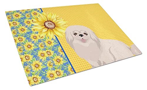 Caroline's Treasures WDK5456LCB Summer Sunflowers White Pekingese Glass Cutting Board Large Decorative Tempered Glass Kitchen Cutting and Serving Board Large Size Chopping Board