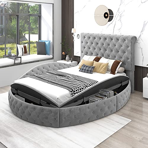Harper & Bright Designs Full Size Upholstered Bed with Storage and Headboard, Round Shape Upholstery Platform Bed, Low Profile Design, Gray
