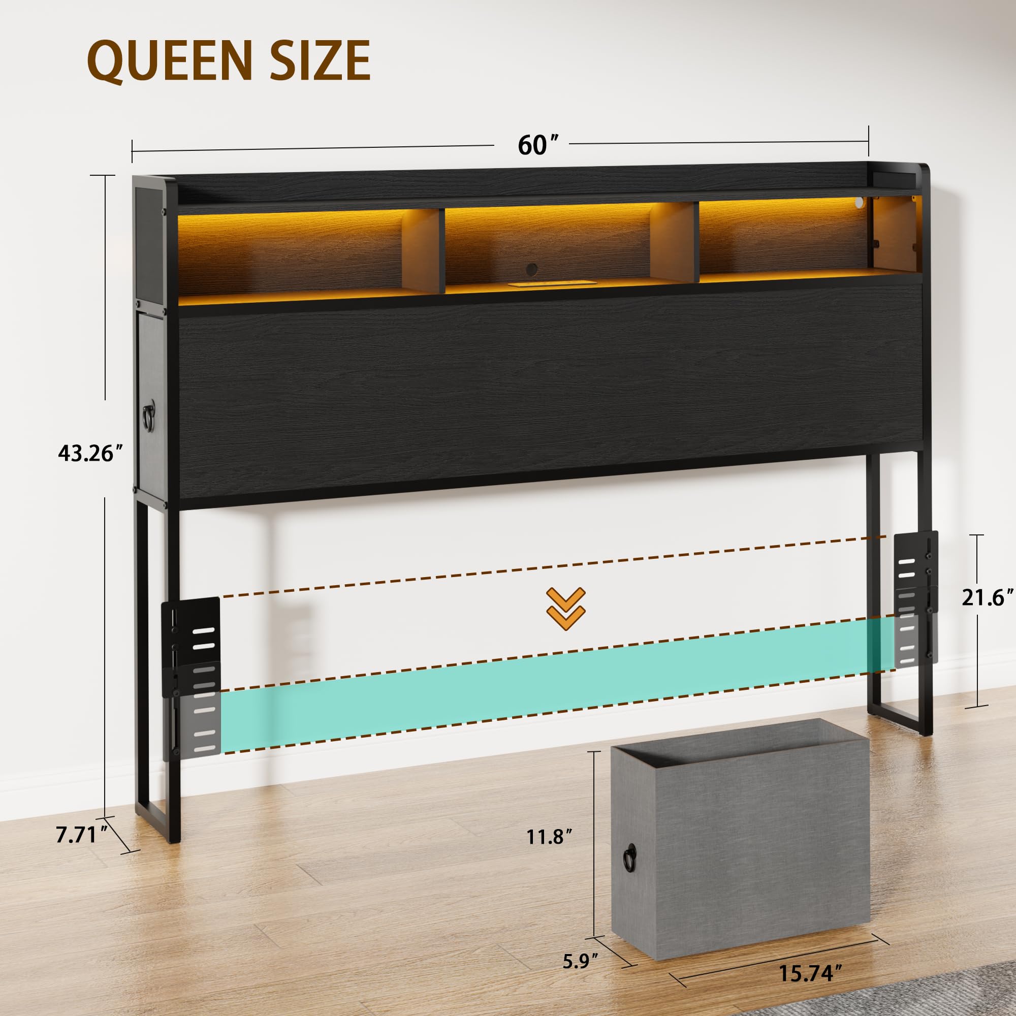 Decoholic King Size Headboard Only with Storage, Upholstered Headboard with Charging Station and LED Light, Sturdy and Stable, Easy to Assemble (Black+Barn Door, King)