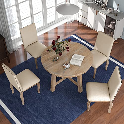 Harper & Bright Designs 5-Piece Farmhouse Dining Set with Wooden Round Extendable Dining Table and 4 Upholstered Dining Chairs, Natural Wood Wash
