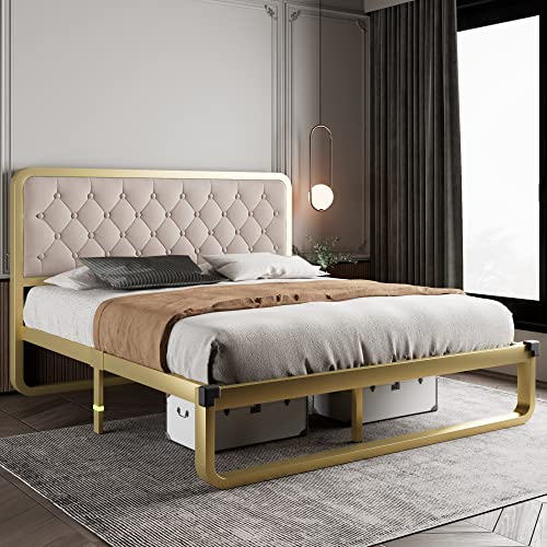 Feonase Full Size Platform Bed Frame with Heavy-Duty Steel Slats, Velvet Upholstered Headboard, 12" Storage Space, No Box Spring Required, Noise Free, Easy Assembly, Golden and Beige