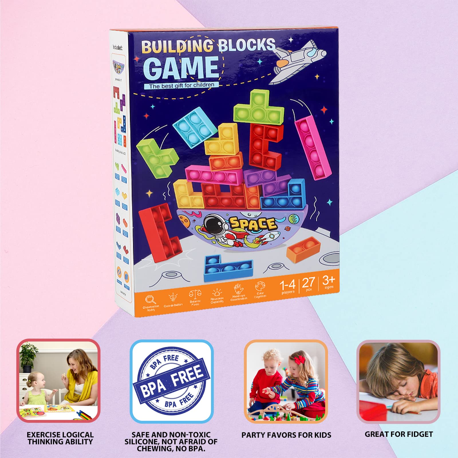 Pop Push it Poppers Fidget Toy Building Block Stacking Games Jigsaw Puzzle Bubble Dots Stack Cube Challenge Sensory Toys for Kids and Elderly