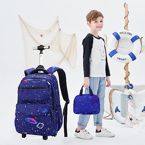 Egchescebo School Kids Rolling Backpack for Boys With Wheels 3PCS 18" Trolley Wheeled Backpacks Students Travel Bags Backpack With Lunch Box Pencil Bag (Non-Removable for More Durability) Blue