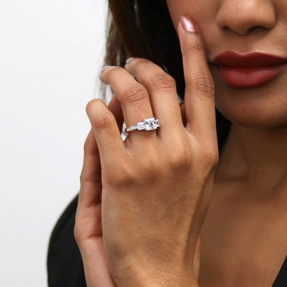 BERRICLE Sterling Silver 3-Stone Wedding Engagement Rings Princess Cut Cubic Zirconia CZ Promise Ring for Women, Rhodium Plated Size 7
