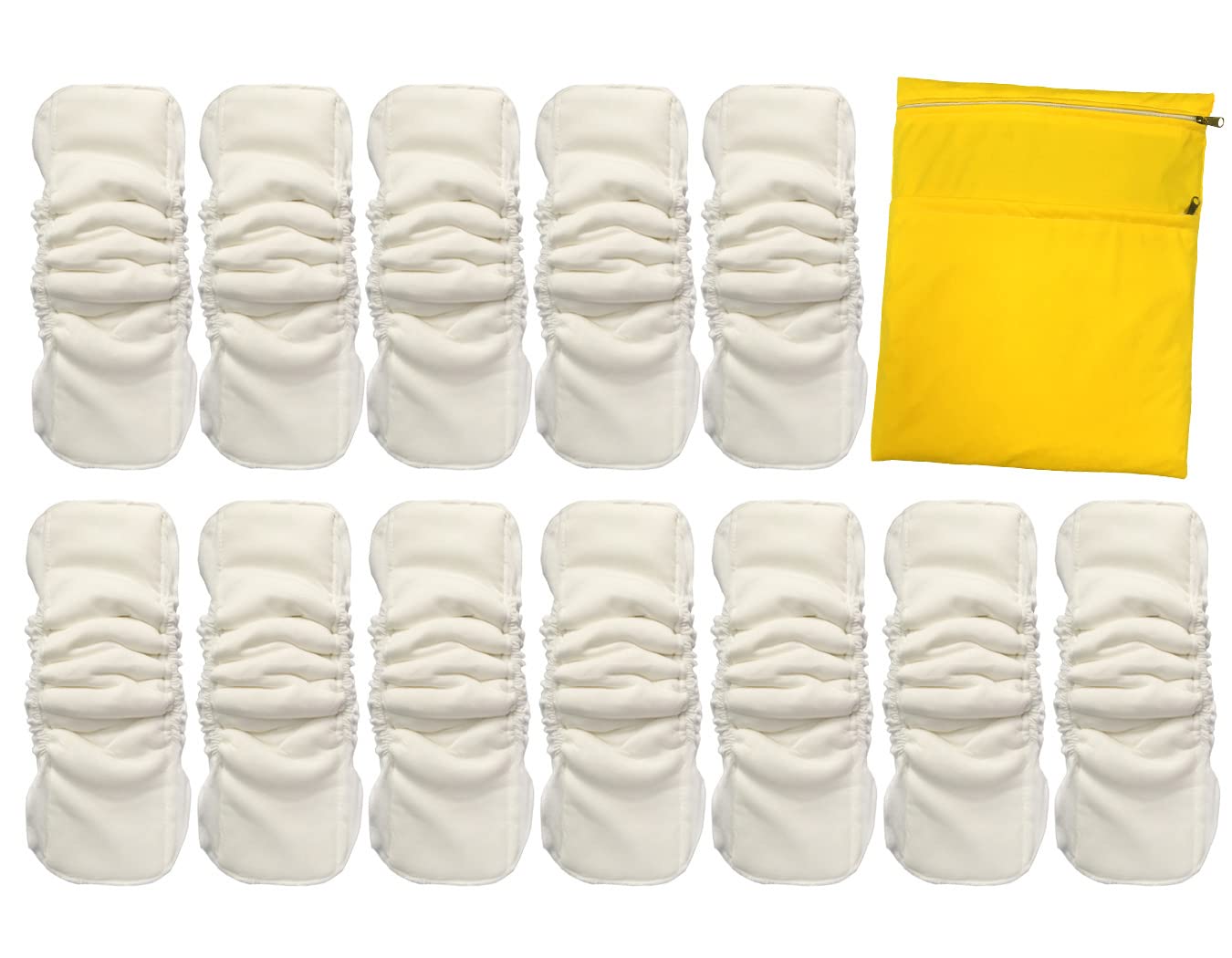 Vlokup Baby Waterproof Cloth Diaper Inserts 5 Layer with Gussets, 12 Pack, for Newborn Toddler Kids, Nature Bamboo Cotton Nappy Liner for Pocket Diaper, Reusable Washable Absorbent with Wet Bag