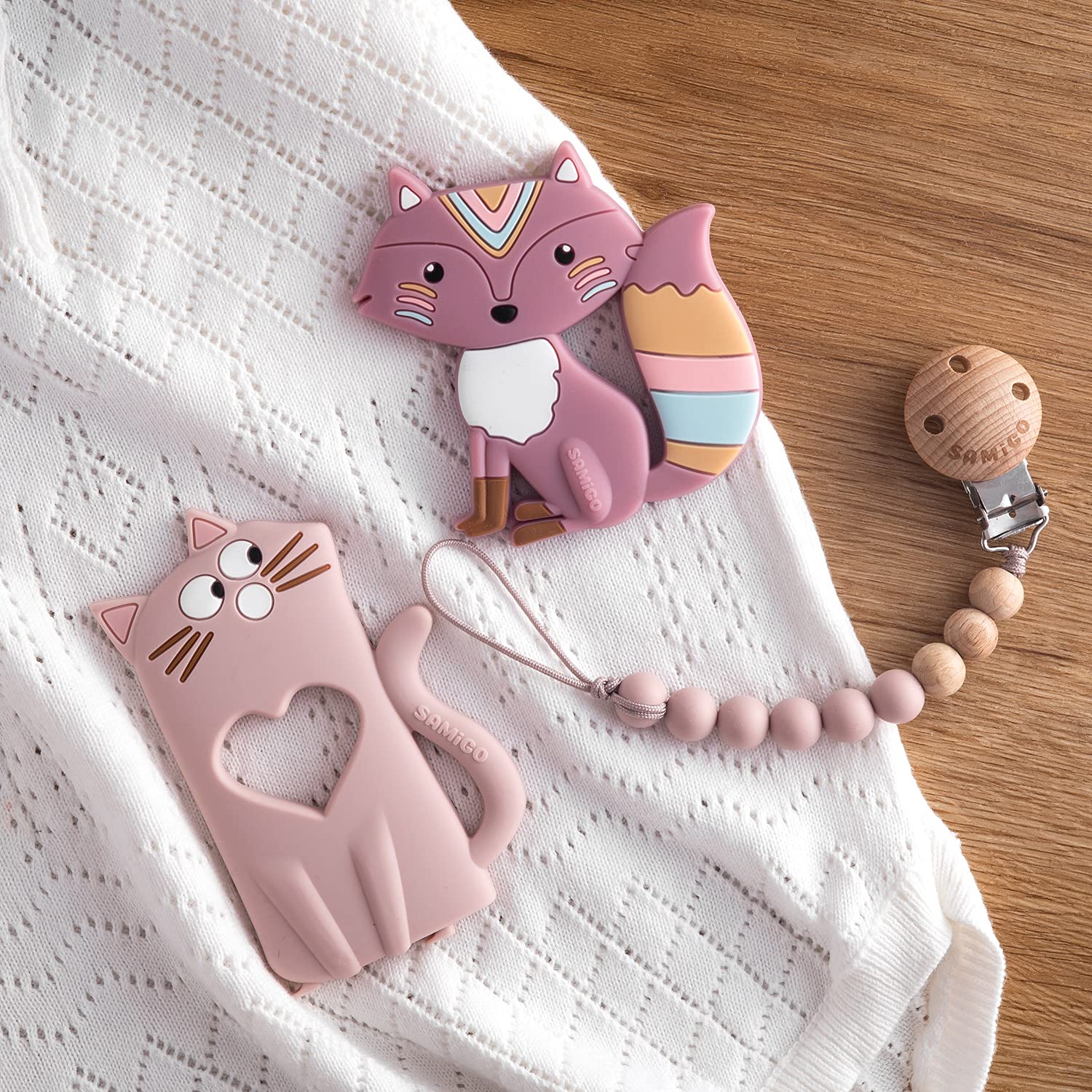SAMiGO Baby Teething Toys Silicone Teether for Babies 0-6 and 6-12 Months Baby Chew Toys for Infant Girls - Pink Cat