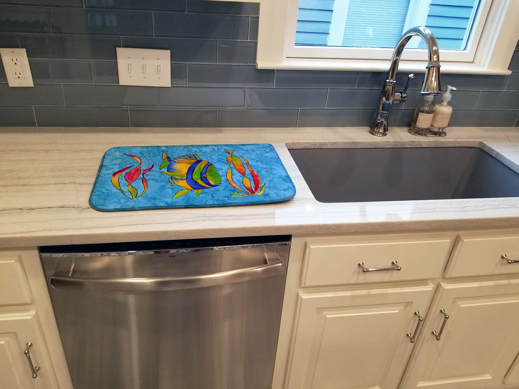 Caroline's Treasures 8713DDM Troical Fish and Seaweed on Blue Dish Drying Mat Absorbent Dish Drying Mat Pad for Kitchen Counter Dish Drainer Mat for Countertop, 14 x 21", Multicolor