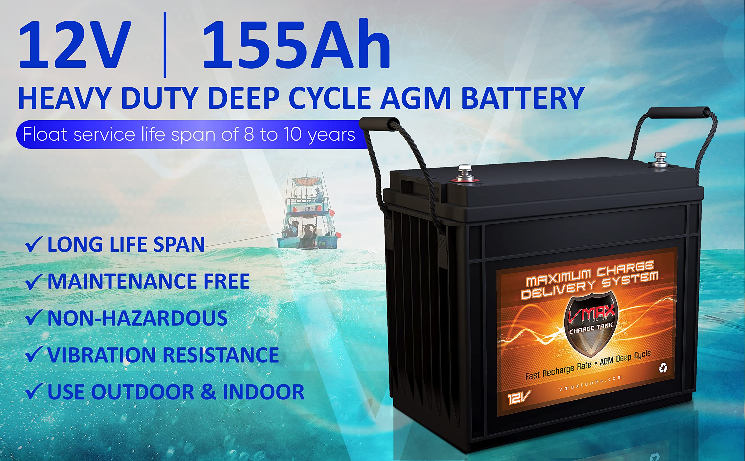 VMAX MR147-155 12V 155Ah AGM Deep Cycle Marine Battery for Minn Kota Pontoon 55 Hand Control 12V 55lb Trolling Motor