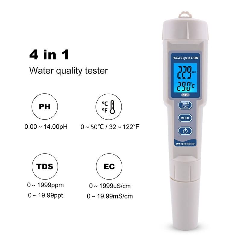 Digital Tester 4 in 1 TDS PH Meter PH/TDS/EC/Temperature Meter Digital Water Quality Monitor Tester for Pools, Drinking Water, Aquariums