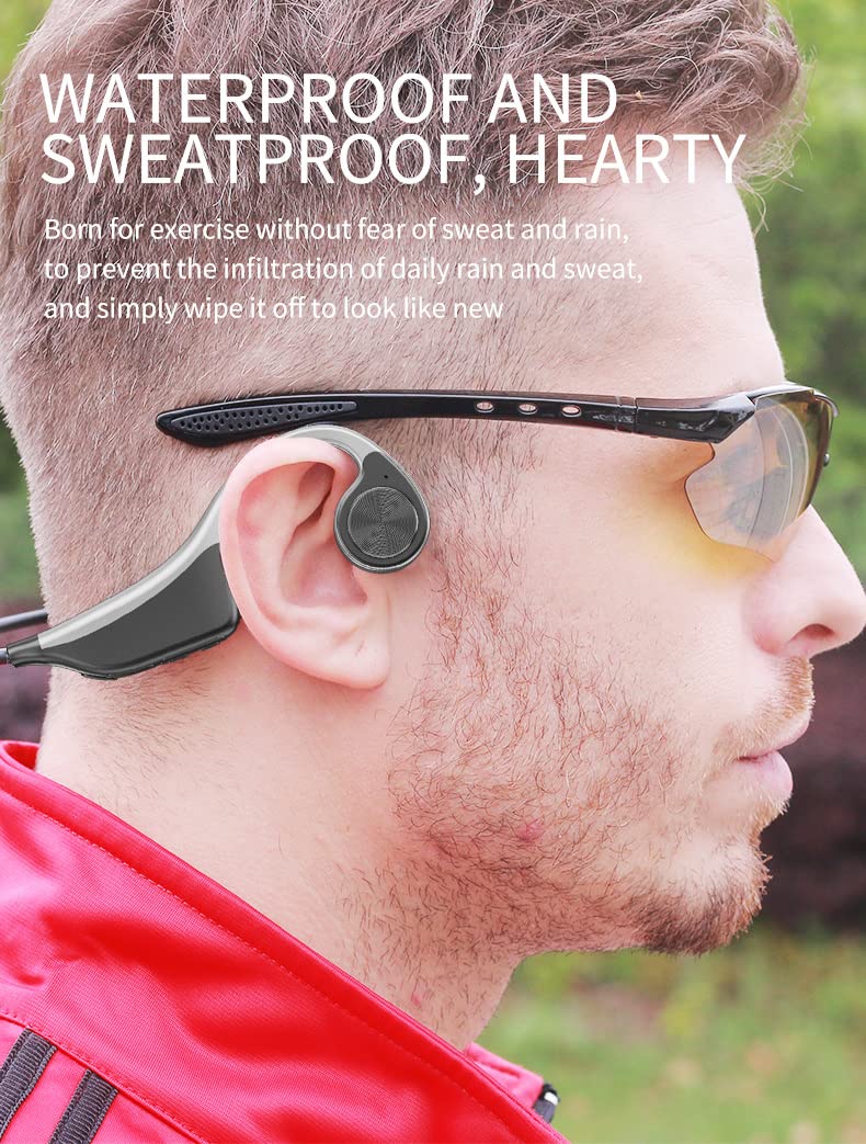 Bone Conduction Headphone Bluetooth Open Ear Wireless Headset 6 Hours Playtime with MP3 Player Built-in 8G Memoryghtweight Earphones for Jogging Running Driving Cycling, Hearing Protection (Grey)