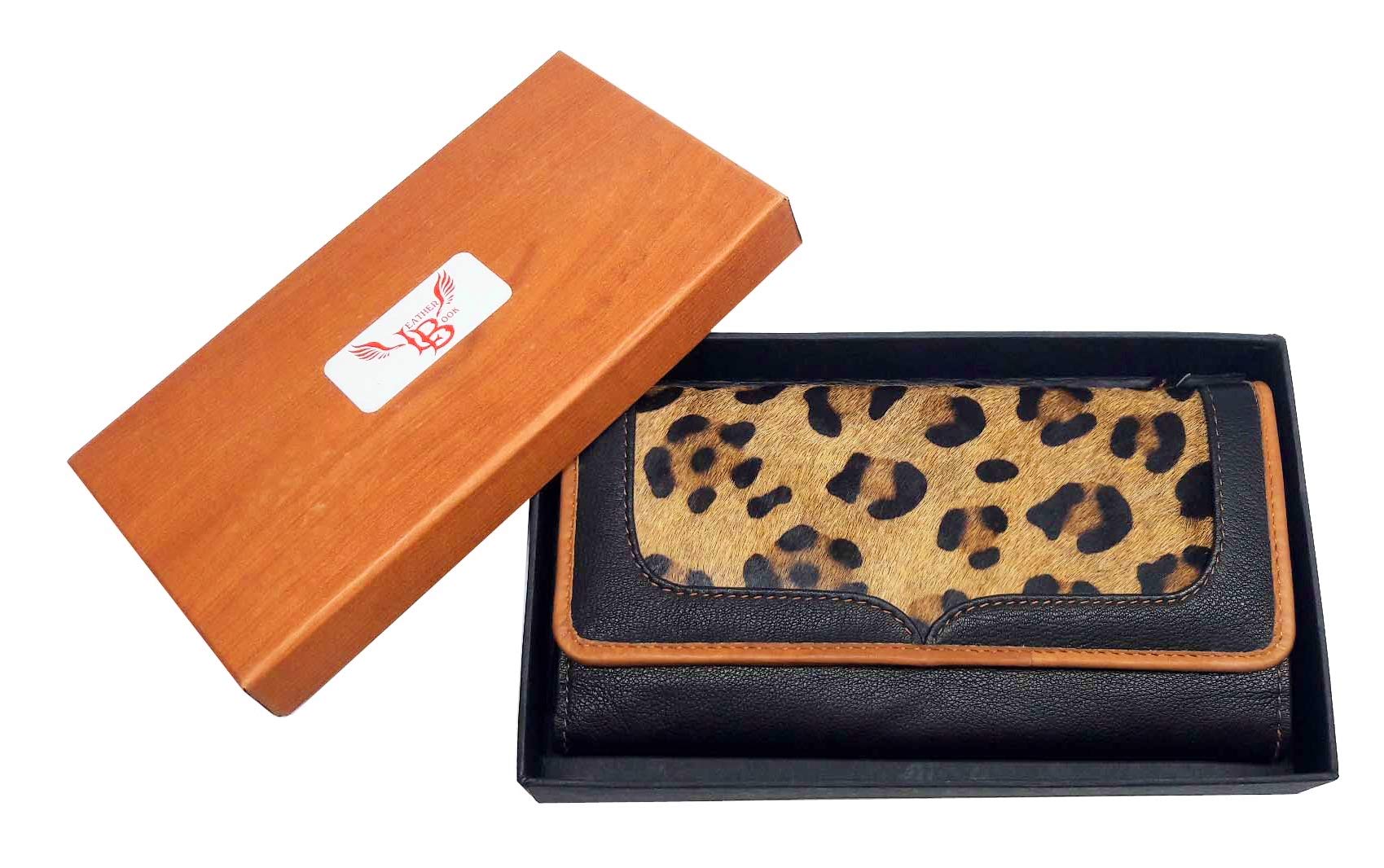 Leather Book® LW-1802 TAJ Leopard Ladies Wallet|11 card slots|1 card window|4 slide pockets|1 zip compartment pocket| 1 back silver metal zip pocket | Black, Tan Cowhide & Jersey leopard Print Leather