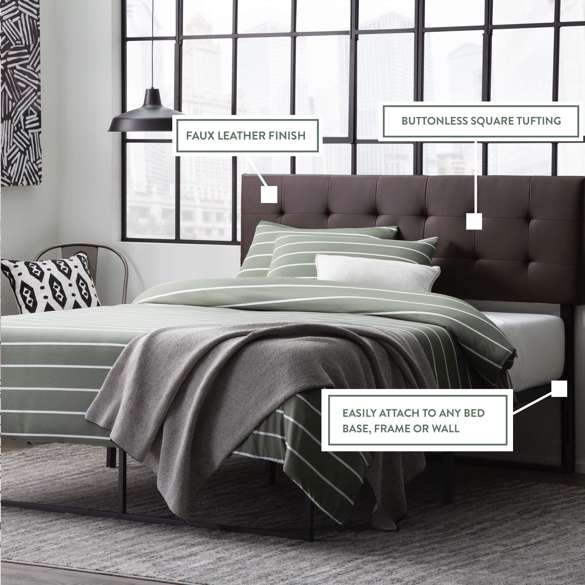 Edenbrook Hawthorne Faux Leather Headboard - Modern -Adjustable Height - Buttonless Tufting, Queen, Grey