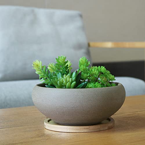 MUZHI Round Unglazed Ceramic Bonsai Pot with Bamboo Tray, Large Rough Pottery Succulent Planter with Drainage Hole 8 inch …