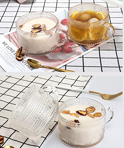 LUECMO Vintage Coffee Tea Cups [2 Pack], 14 oz Glass Tea Coffee Mugs, Clear Embossed Glass Cups for Cappuccino, Latte,Cereal, Yogurt, Beverage (Transparent)