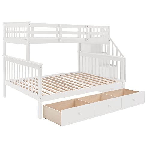 Harper & Bright Designs Twin Over Full Bunk Bed with Stairs, Solid Wood Stairway Bunk Bed with Storage Drawers for Kids Teens Adults, Bedroom, Dorm (White)