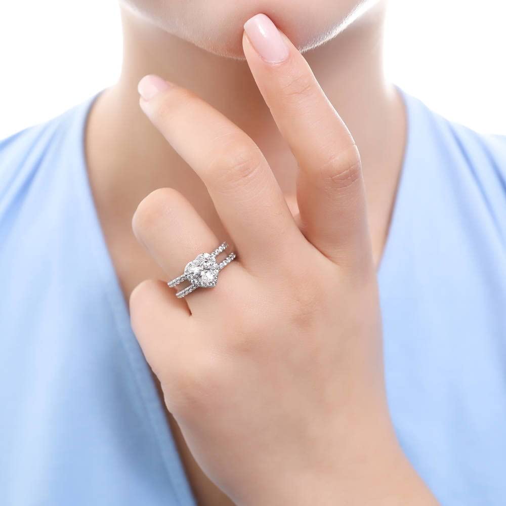 BERRICLE Sterling Silver Halo Wedding Engagement Rings Cubic Zirconia CZ Heart Insert Ring Set for Women, Rhodium Plated Size 7