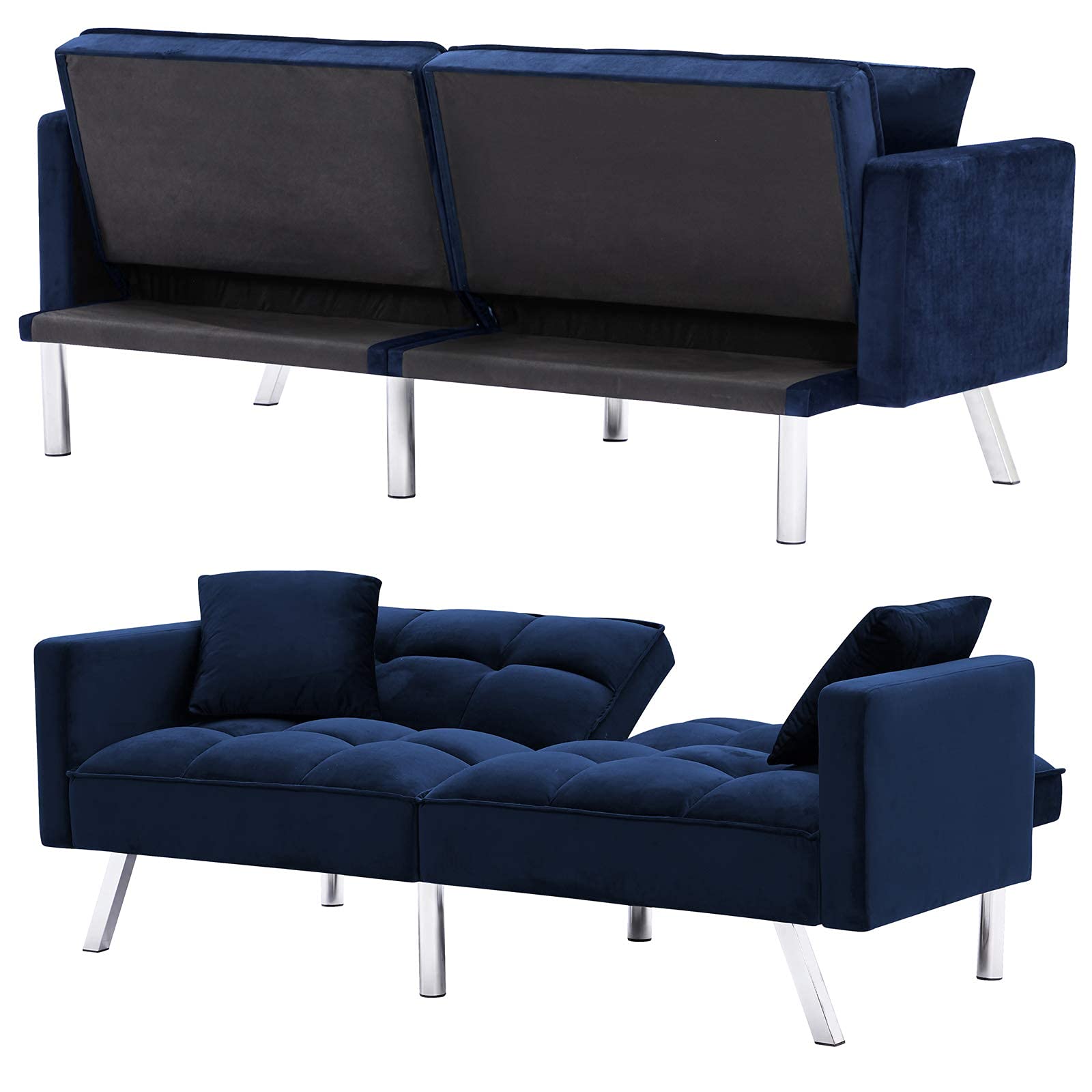 Olela Sleeper Sofa Bed Modern Tuft Futon Couch Convertible Loveseat Sleeper Reclining Sofa Bed Twin Size with Arms and 2 Pillows for Living Room, Navy Blue