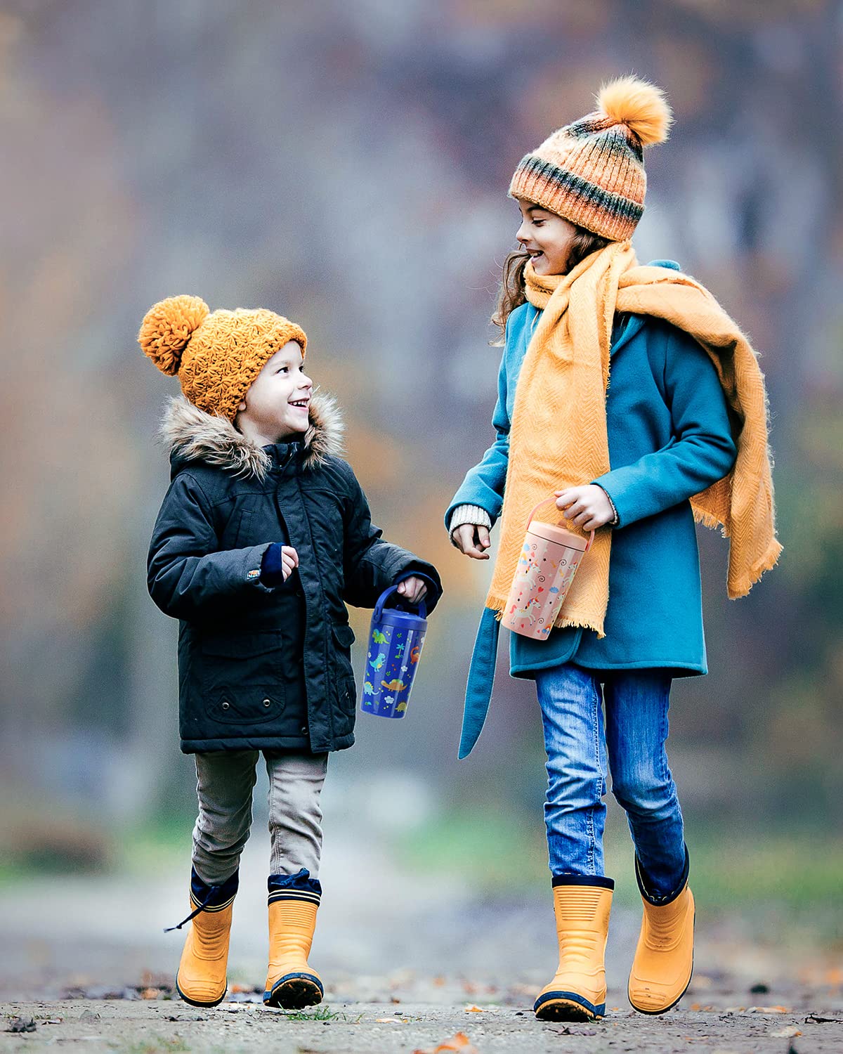 BUZIO Insulated Water Bottle for Kids (2 Pack), Modern Vacuum Insulated Hydro Bottle Leak-proof with Straw Lids, 14oz Double Walled Wide Mouth Sports Drink Flask, Blue Dinosaur