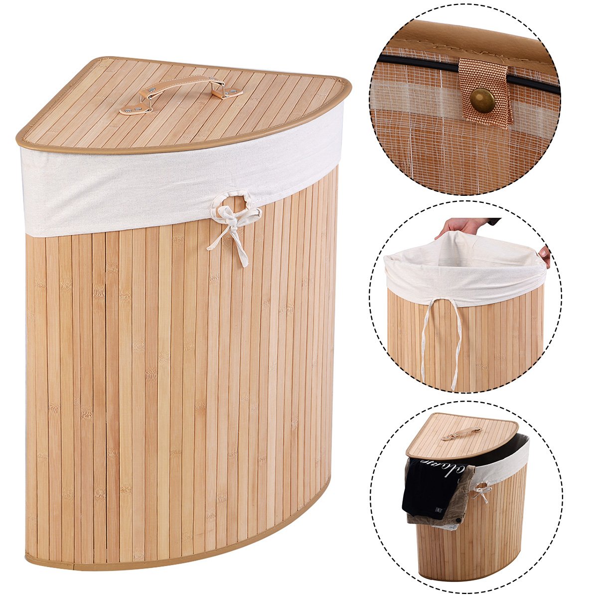 Giantex Corner Laundry Hamper with Lid, Bamboo Laundry Basket with Removable Liner and Handle, Clothes Basket for Cloth Organize, Clothes Storage Bin for Bedroom, Laundry, Living Room (Beige)