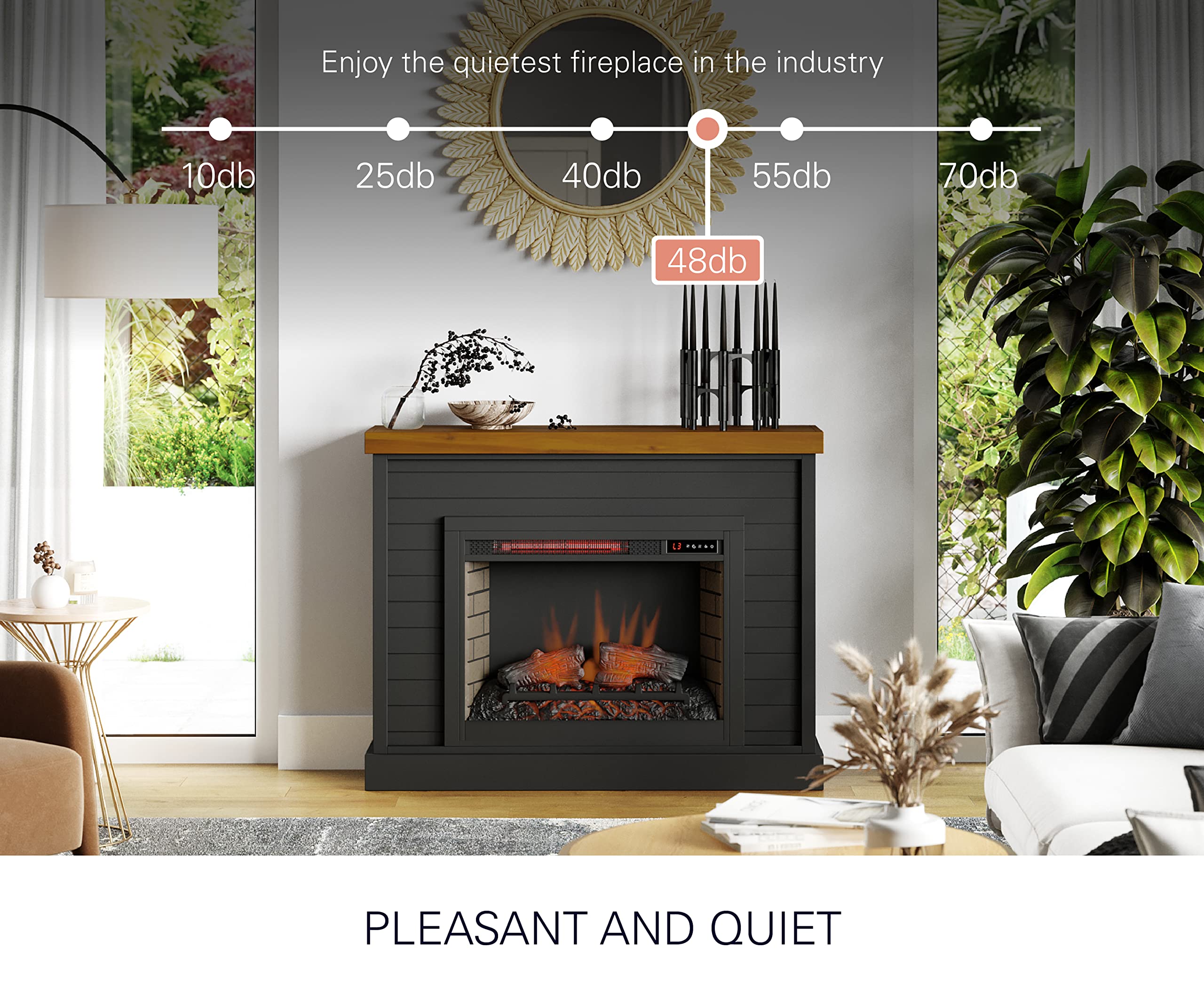 Bridgevine Home Washington Modern Farmhouse Electric Fireplace with Mantel, 48 inches, Poplar and Knotty Alder Solid Wood, Black and Whiskey Finish