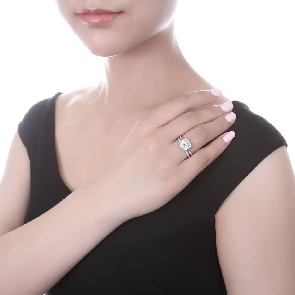 BERRICLE Sterling Silver Halo Wedding Engagement Rings Cubic Zirconia CZ Heart Ring Set for Women, Rhodium Plated Size 6.5
