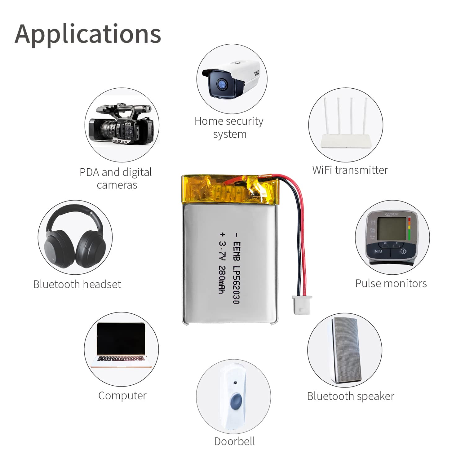 EEMB Lithium Polymer Battery 3.7V 280mAh 562030 Lipo Rechargeable Battery Pack with Wire Molex Connector for Dashcam Bluetooth Speaker - Confirm Device & Connector Polarity Before Purchase