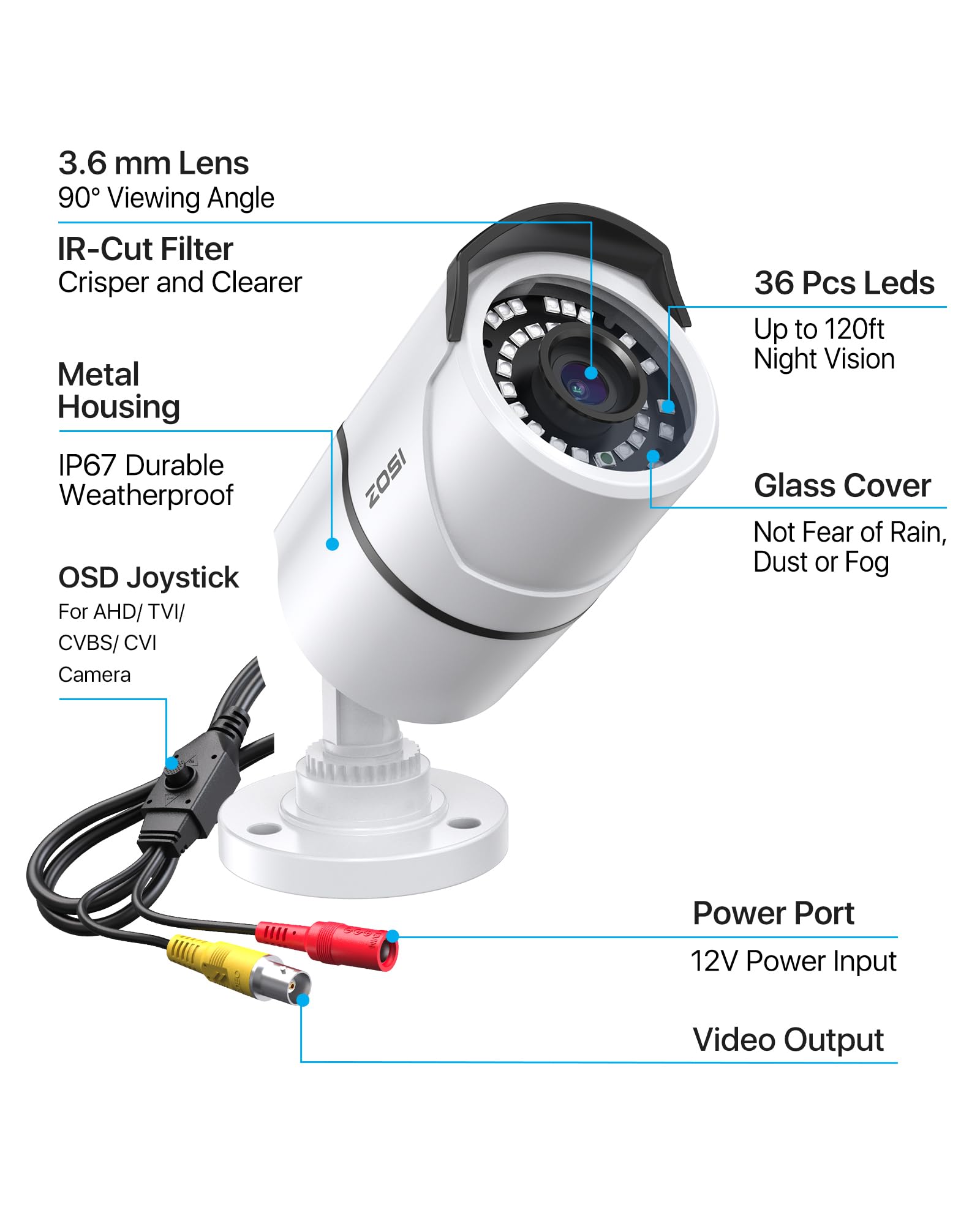 ZOSI 2MP 1080p Security Camera Outdoor Indoor (Hybrid 4-in-1 CVI/TVI/AHD/960H Analog CVBS), Night Vision, Weatherproof Surveillance CCTV Bullet Camera