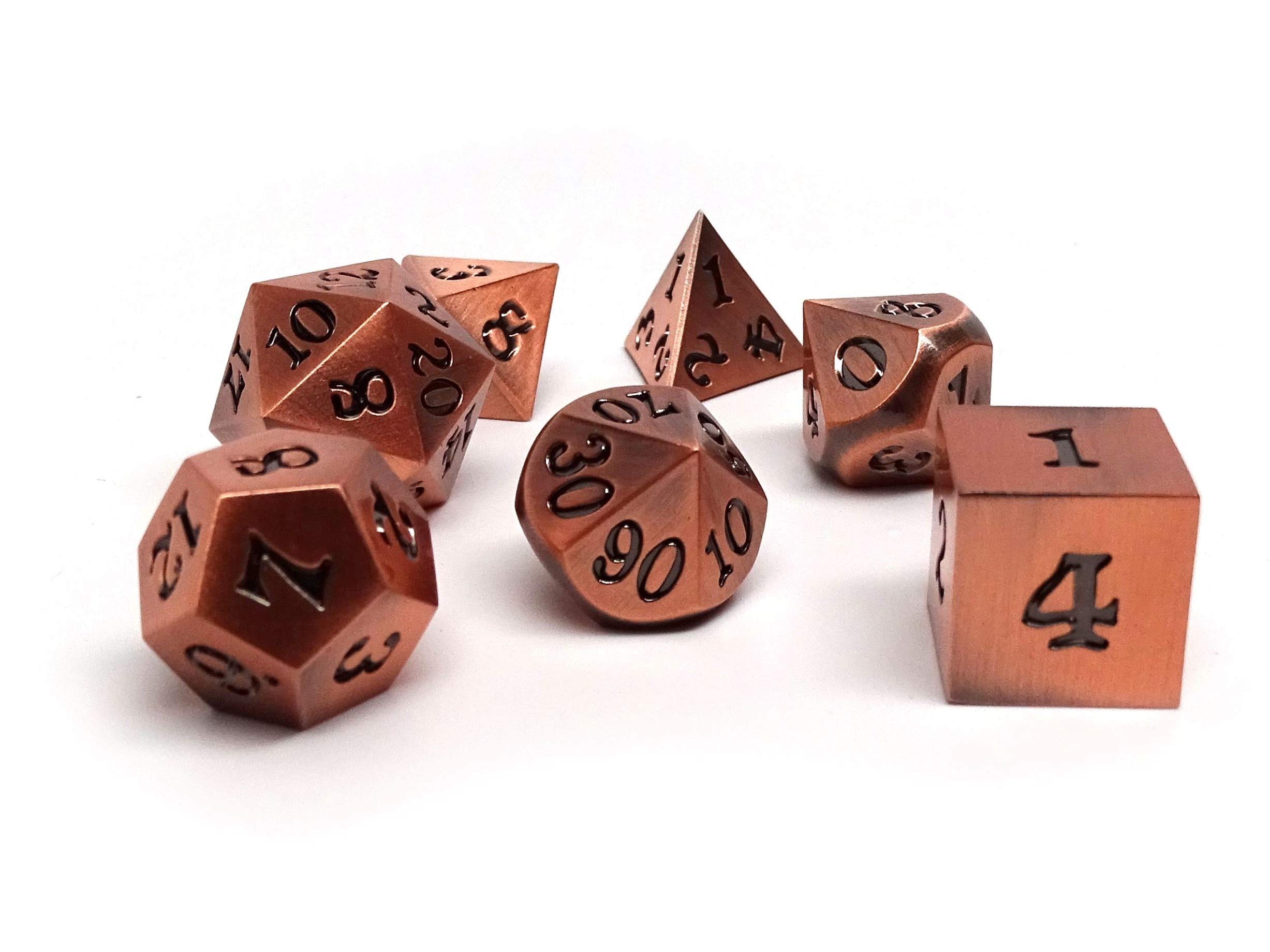 Legendary Copper Metal Polyhedral Dice Set with Black Signature Font - 7 Piece Collection