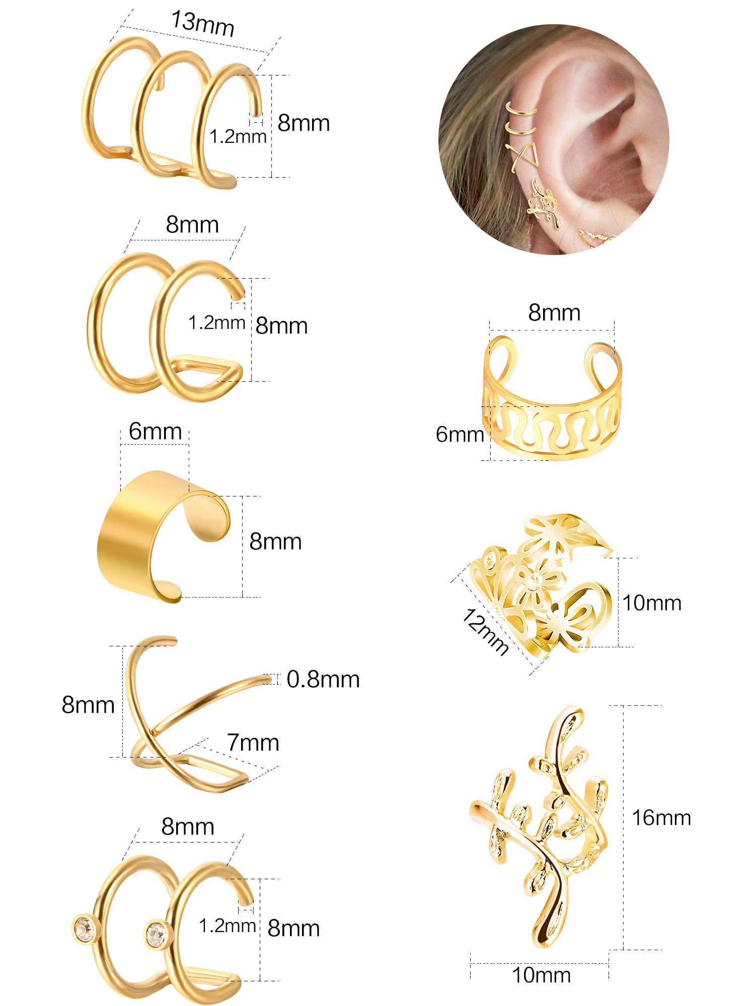 Blulu 8 Pairs Ear Cuffs Earrings Cuff Non Piercing Stainless Steel Clip on Cartilage Earrings for Men Women, 8 Various Styles