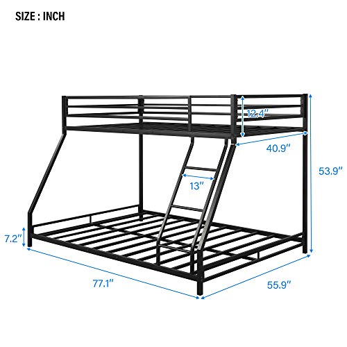 Low Bunk Beds Twin Over Full Size with Sloping Stair, Heavy Duty Bed Frame with Safety Guard Rails for Kids Teens Adults, No Box Spring Needed (Black)