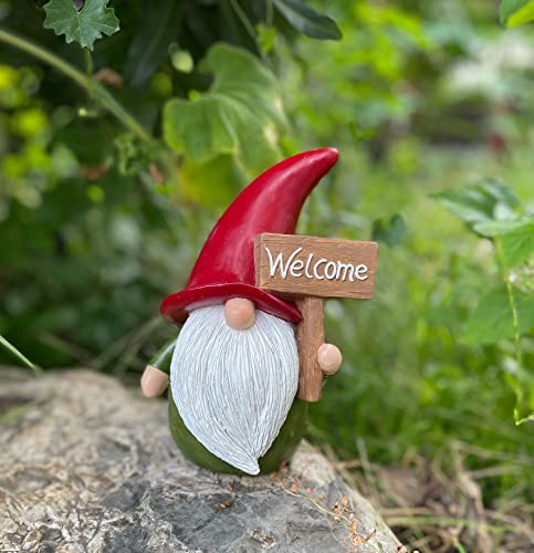 FICITI Garden Gnome Statue with Welcome Sign, Outdoor Lawn Décor Yard Sculpture Home Decorations, 8 Inch Tall