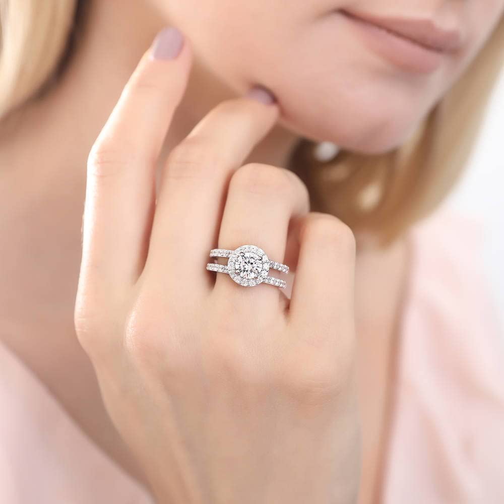 BERRICLE Sterling Silver Halo Wedding Engagement Rings Round Cubic Zirconia CZ Insert Ring Set for Women, Rhodium Plated Size 7